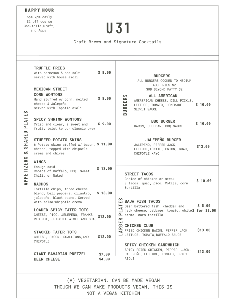 Food Menu - U31 Bar - North Park